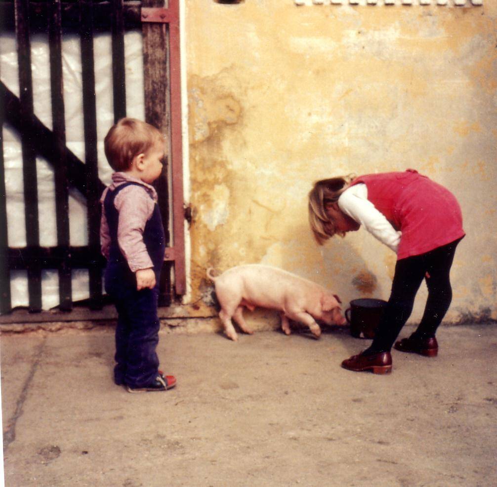 Kinder spielen mit einem Ferkel